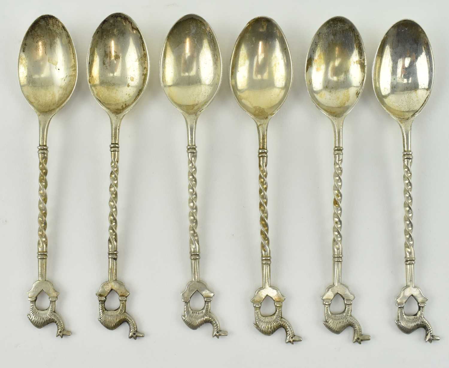 Lot 52 - SET OF SIX WHITE METAL TWISTED HANDLED SPOONS