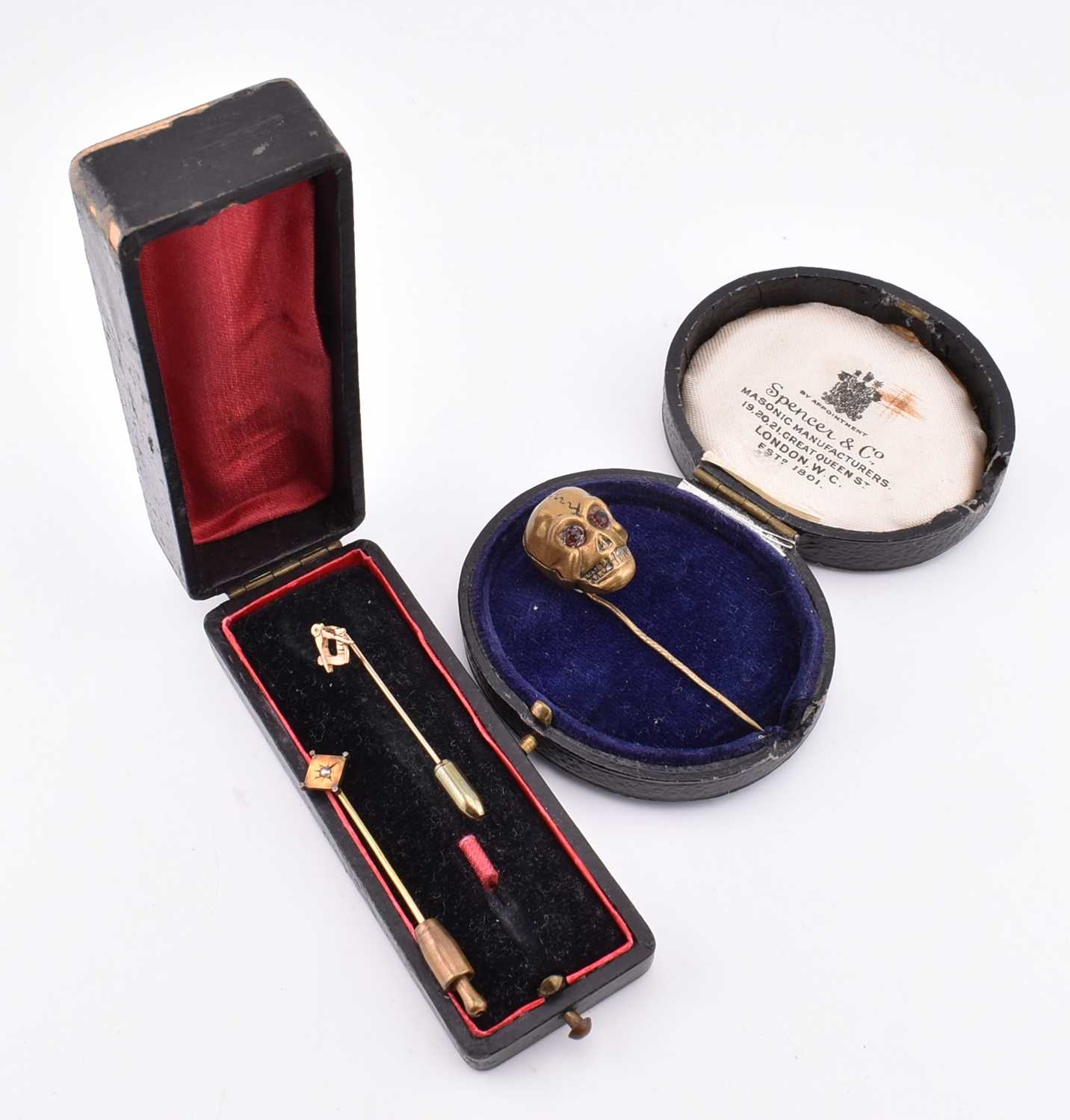 Lot 194 - TWO 9CT GOLD TIE PINS & METAL SKULL TIE PIN