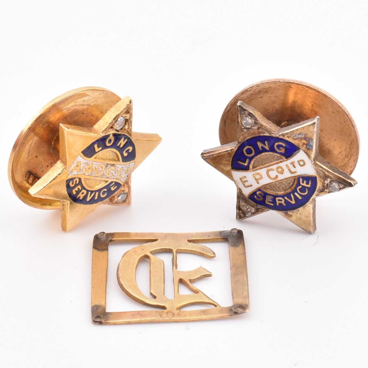 Lot 317 - TWO 9CT GOLD DIAMOND & ENAMEL LONG SERVICE